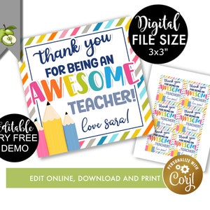 Editable Awesome Teacher Pencil Printable Gift Tag, INSTANT DOWNLOAD ...