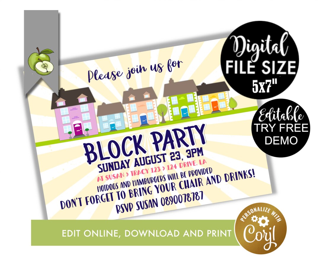 Block Party Flyer Editable Invite Template, Neighbourhood Summer Block ...