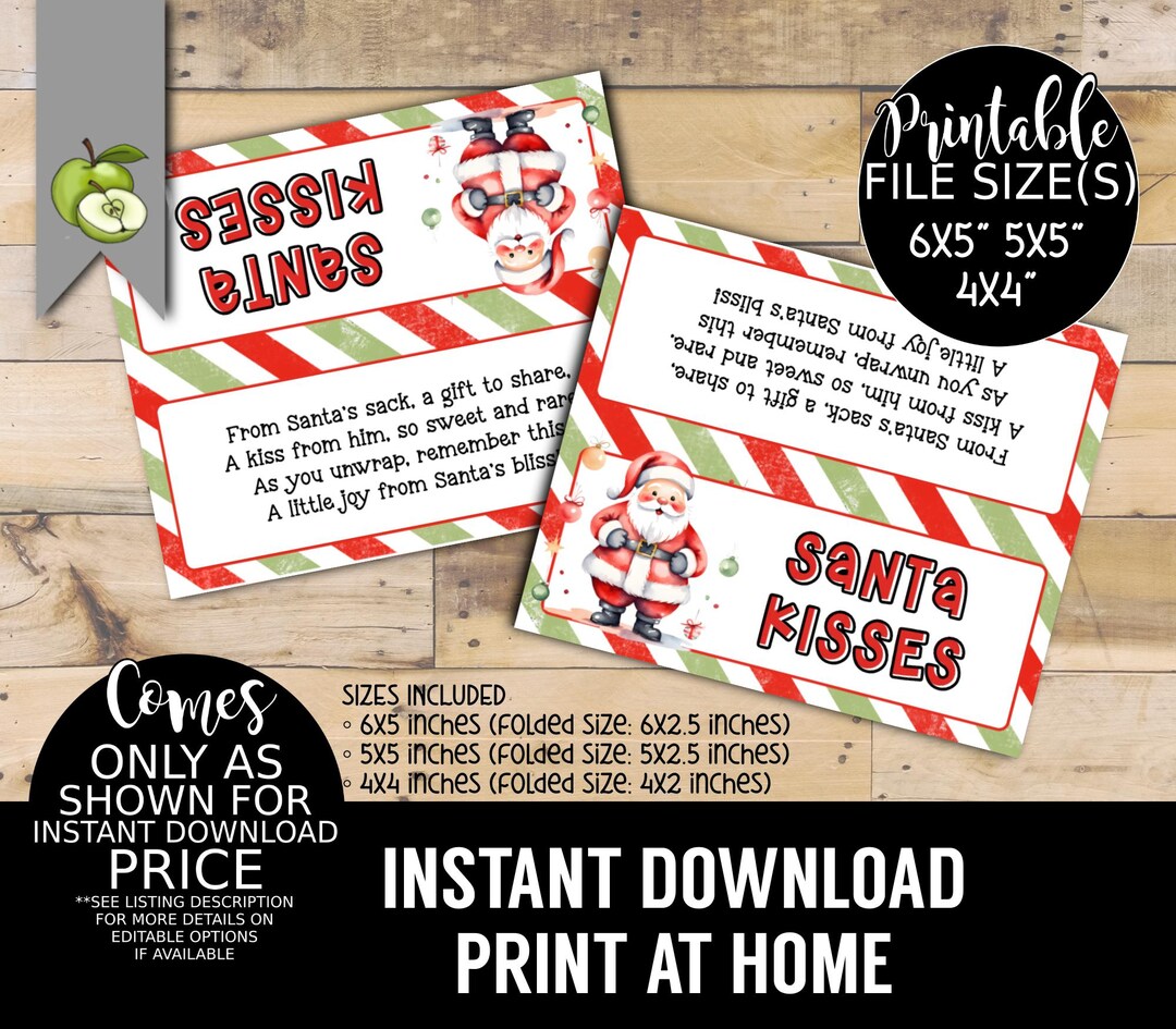 Santa Kisses Printable Bag Toppers, Instant Download 3 Sizes, Christmas ...