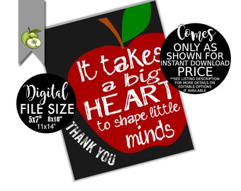 It Takes a BIG Heart Teacher Gift Tags Thank You Apple | Etsy UK