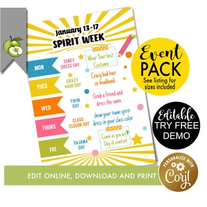 Editable School Spirit Week Schedule Template, Spring Spirit Week ...
