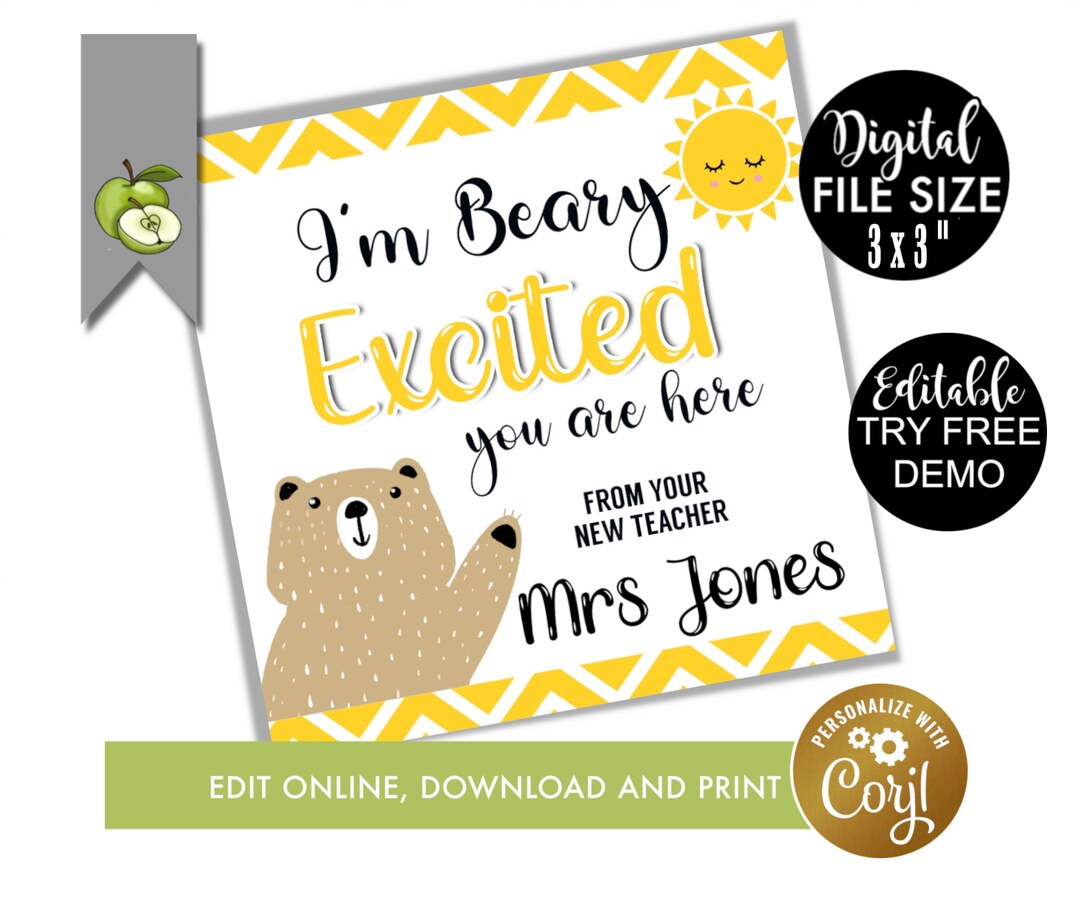 Editable I'm Beary Excited You Are Here Classmate Tag - Etsy