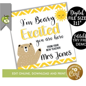 Editable I'm Beary Excited You Are Here Classmate Tag - Etsy