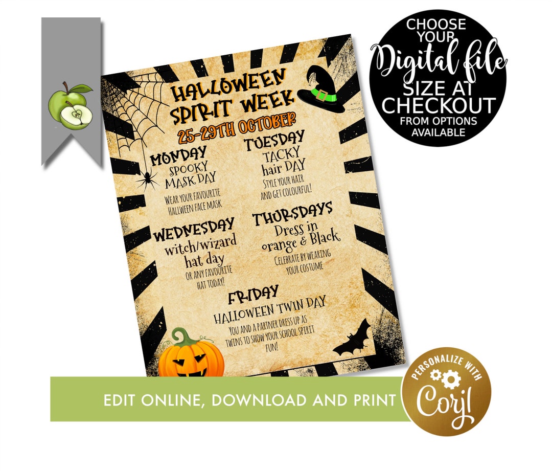 Editable Halloween Spirit Week Schedule, Week Planner, PTA Fundraiser ...
