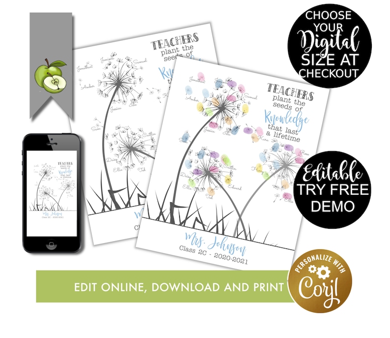 Editable Fingerprint Dandelion Template Class Teachers Gift - Etsy