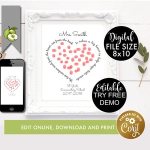 Editable Fingerprint Heart, Class Gift, Teacher Gifts, Teacher ...