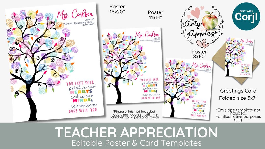 Rainbow Fingerprint Teacher Tree, Editable Tree, Appreciation Gift ...