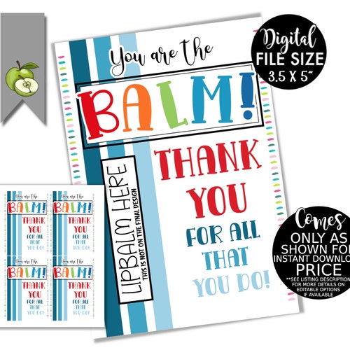 Appreciation Gift Tag Thank You You're the Balm Teacher - Etsy