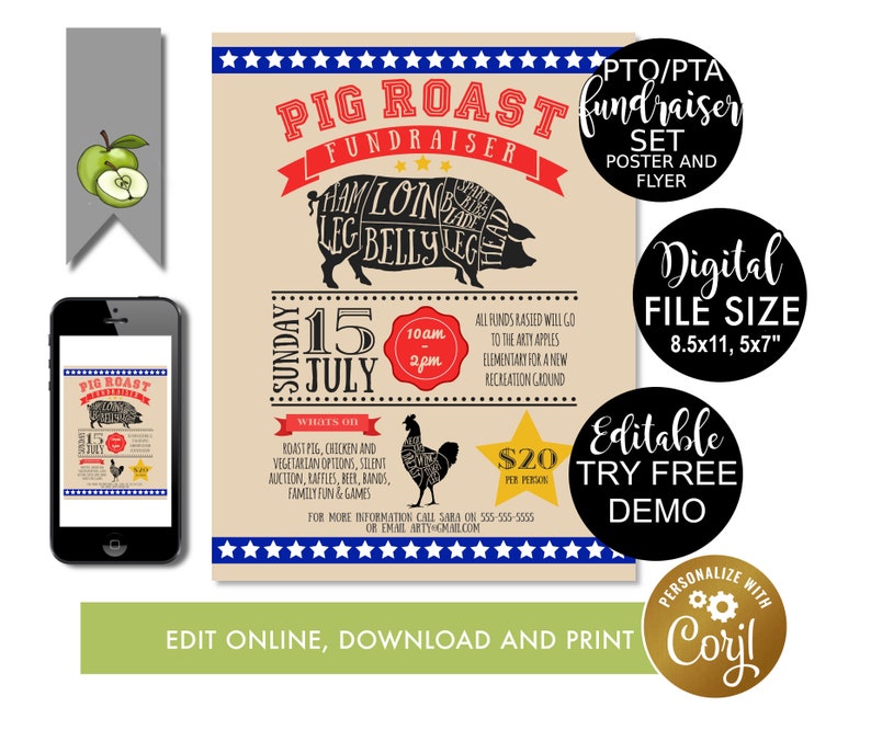 Editable retro pig roast event flyer and poster hog roast | Etsy