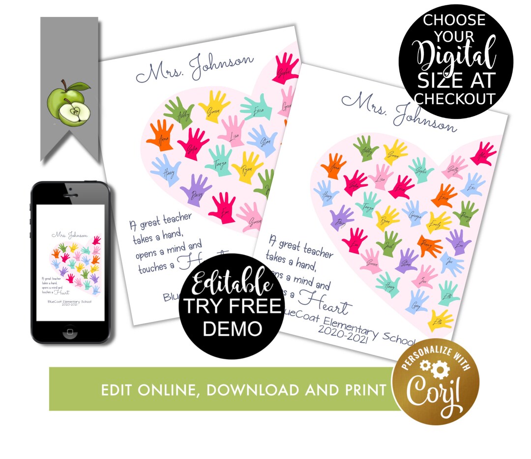 Editable Handprint Heart Teacher Gift, Class Appreciation Gift, Digital ...