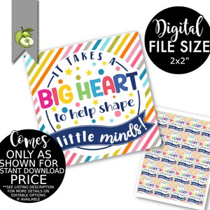 It Takes a BIG Heart Teacher Gift Tags, Thank You Apple, Teacher Gift ...