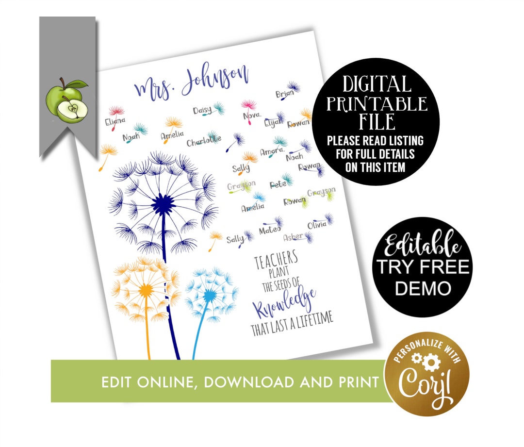 Editable Dandelion Teacher Appreciation, Plant the Seeds of Knowledge ...