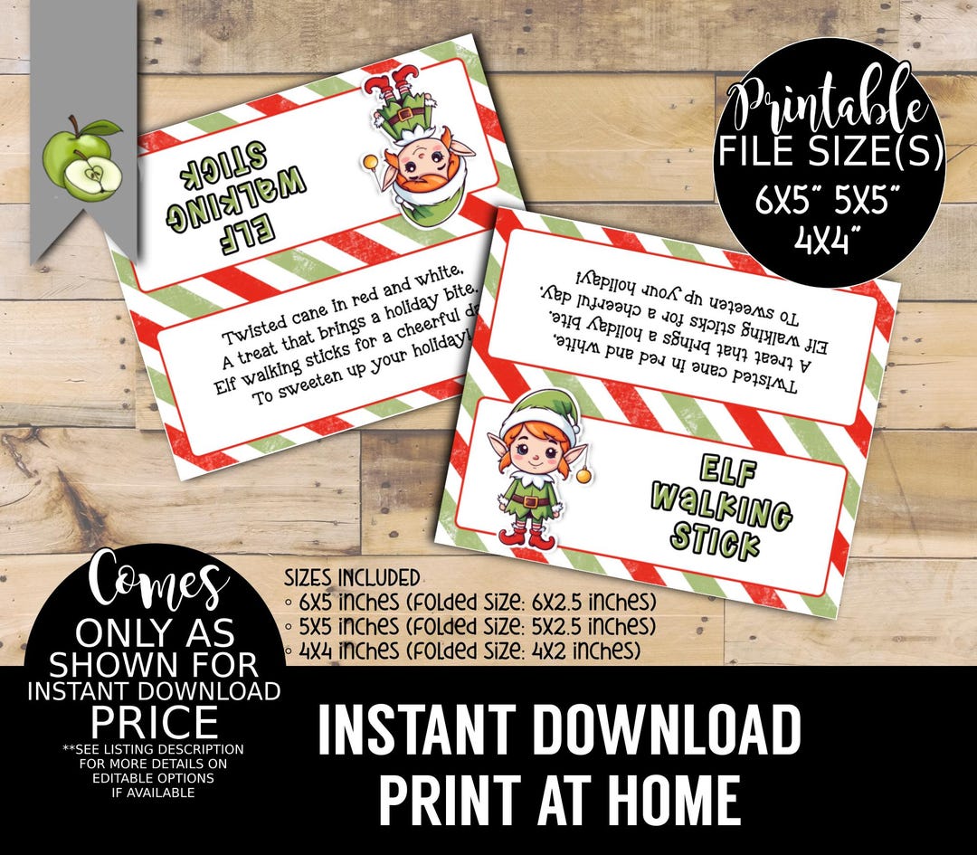 Elf Walking Sticks Printable Bag Toppers, Instant Download 3 Sizes ...