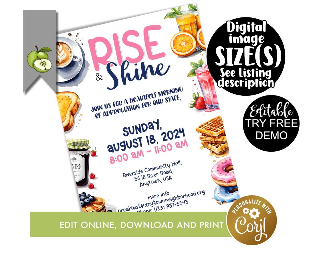 Editable Rise and Shine Breakfast Flyer, Template Thank You Invite Sign ...