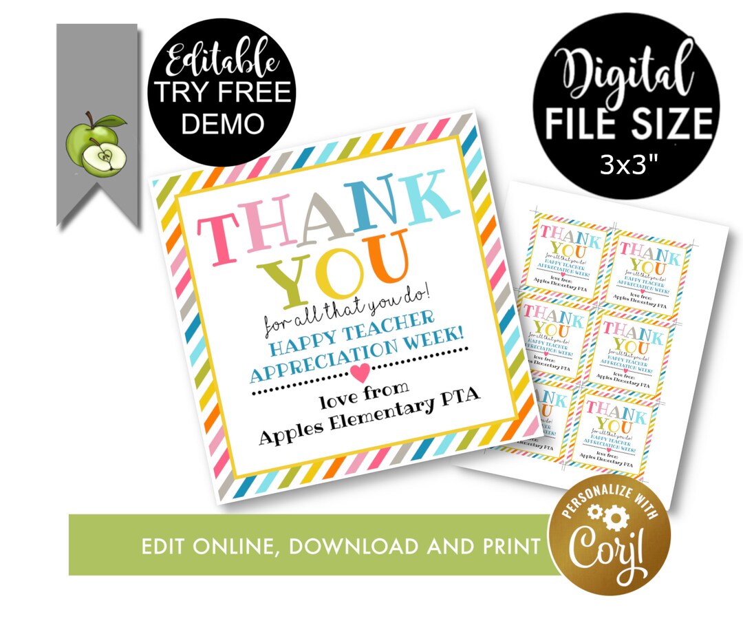 Editable Printable Teacher Appreciation Gift Tag, Instant Download ...