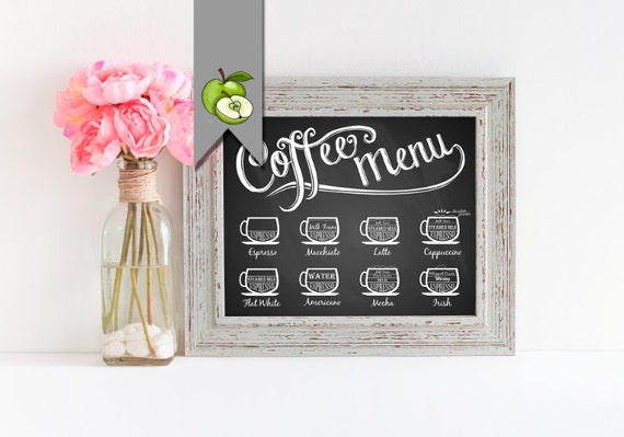 Coffee sign printable kitchen art cafe art coffee menu | Etsy