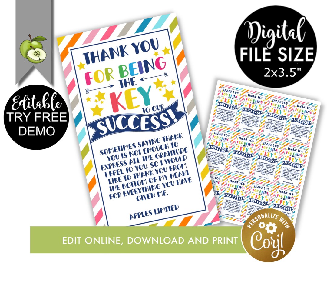 Editable Key to Success, Gift Tags for Key to Success, Key Gift Tags ...