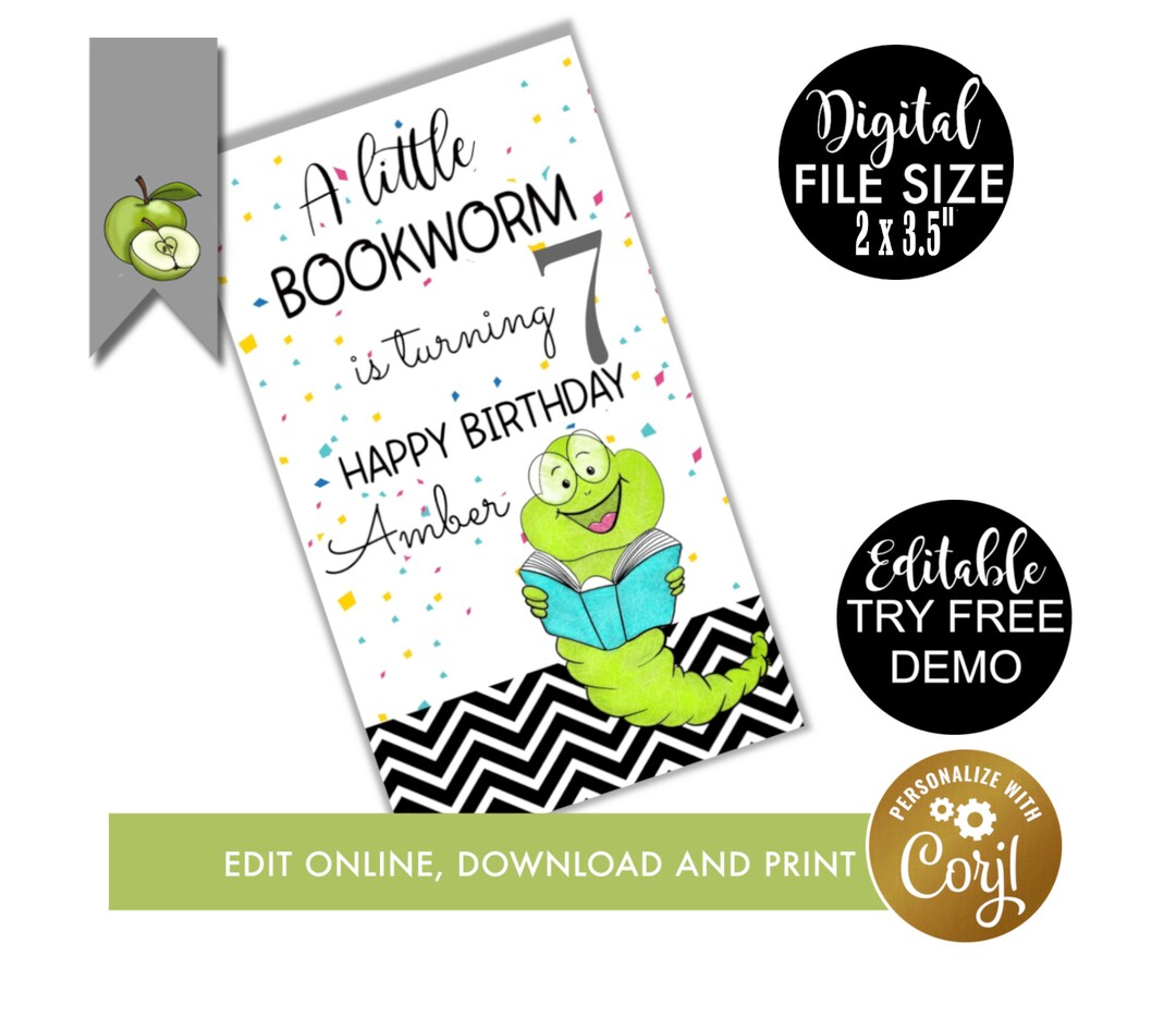 Editable Book Worm Editable Tag Class Bookworm Party - Etsy