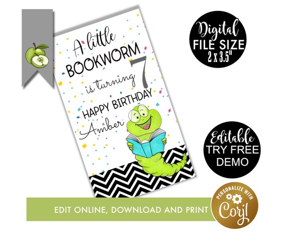 Editable Book Worm Editable Tag Class Bookworm Party - Etsy