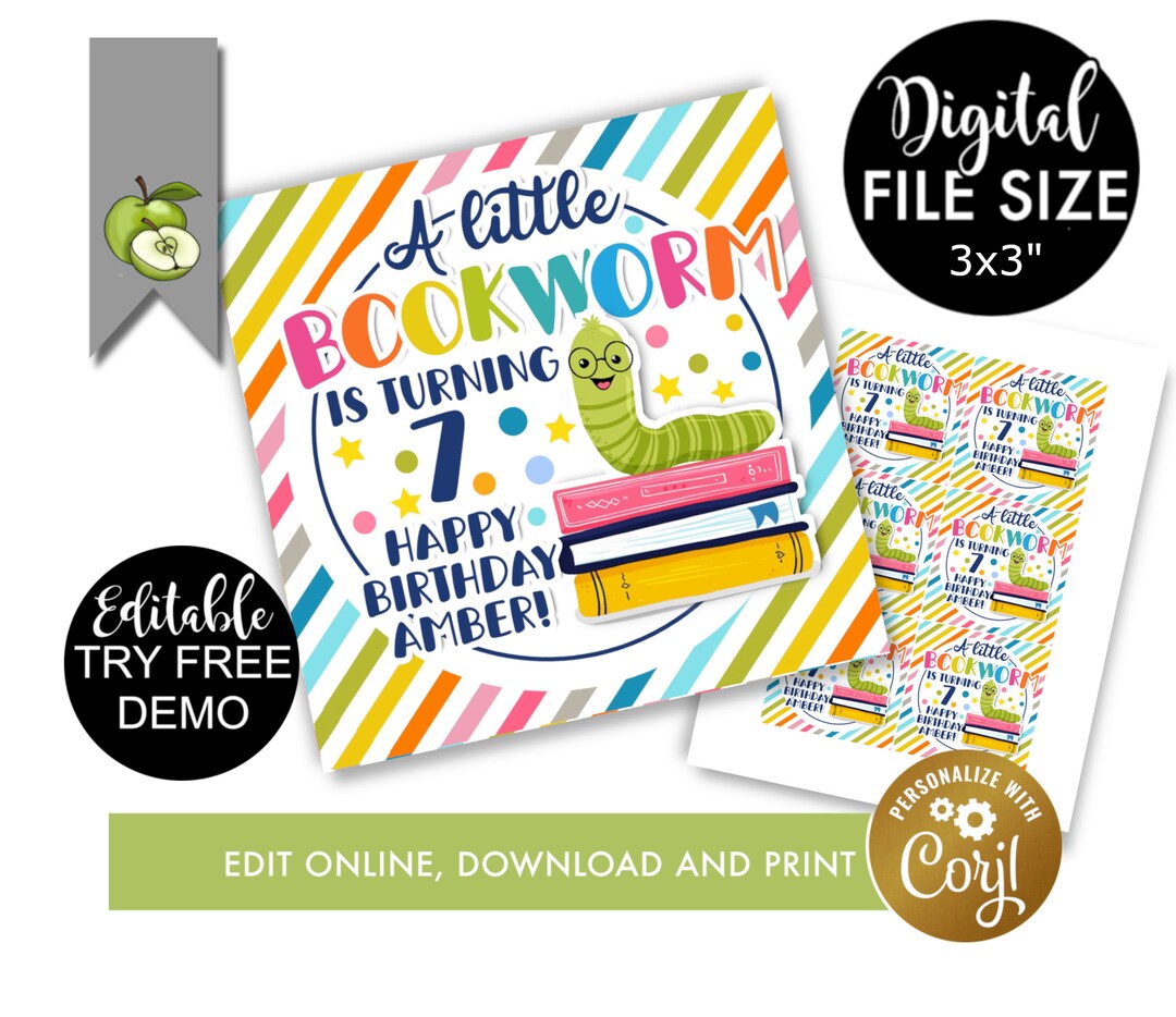 Editable Book Worm Editable Tag, Class Bookworm, Birthday Party ...
