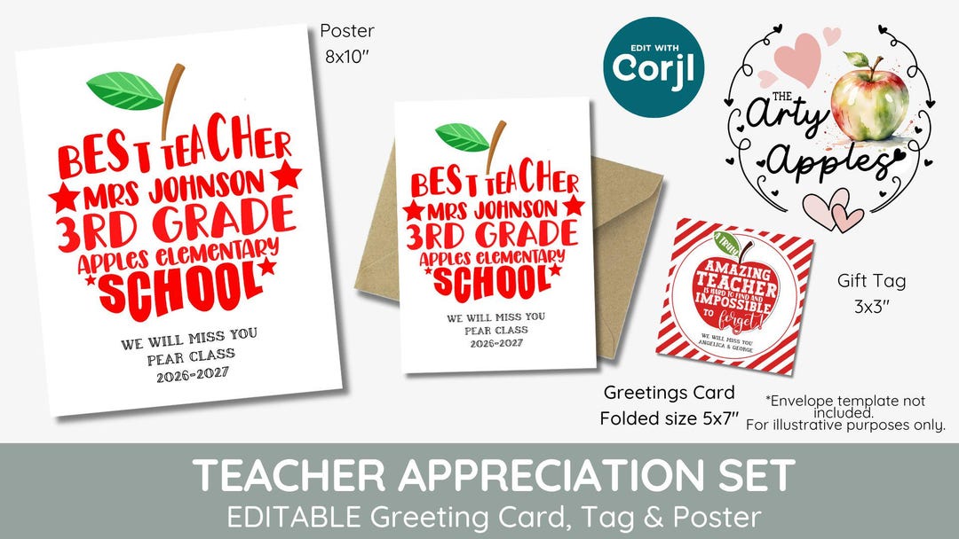 Editable Teacher Appreciation Apple Card and Gift Tag, Class Gift ...