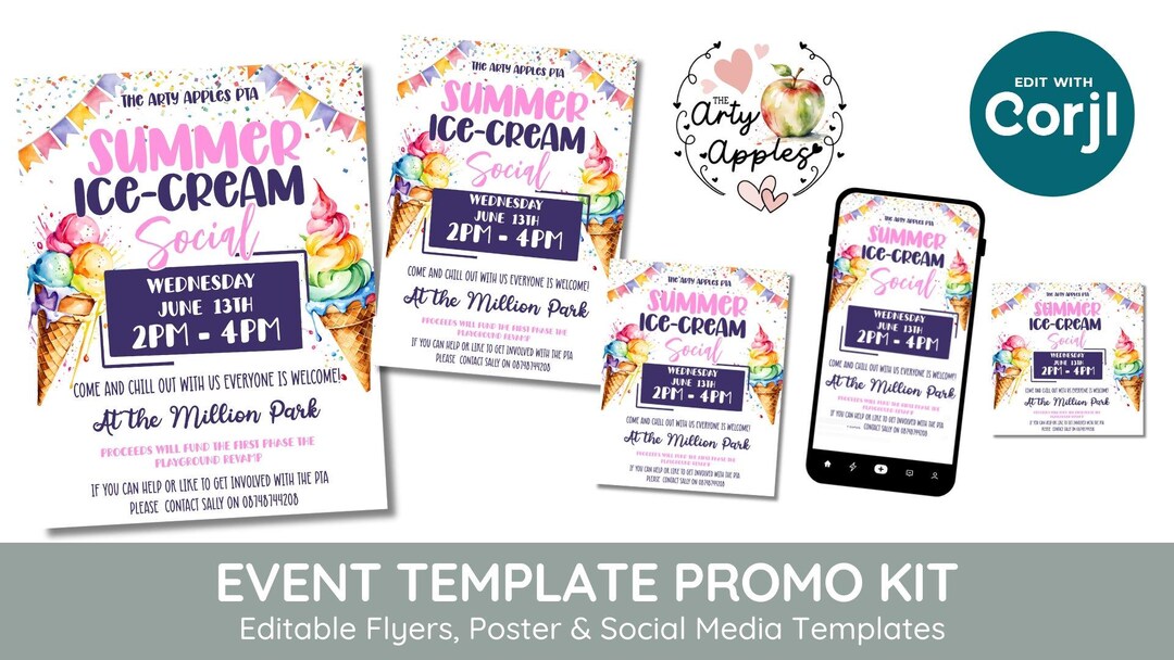 Editable Ice-cream Party Day Flyer, School Family, Hello Summer ...