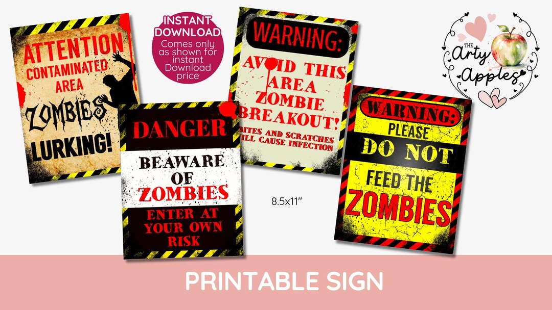 Zombie Party Signs, Zombie Signs, Set of Printable Zombie Poster, 8 ...