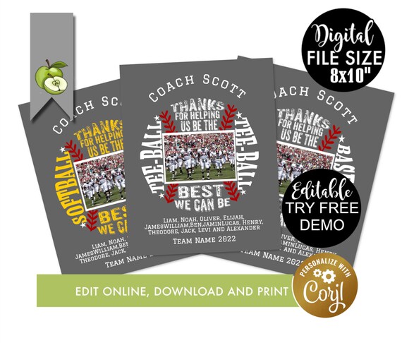 Baseball Coach Thank You Team Gift Editable Baseball - Etsy