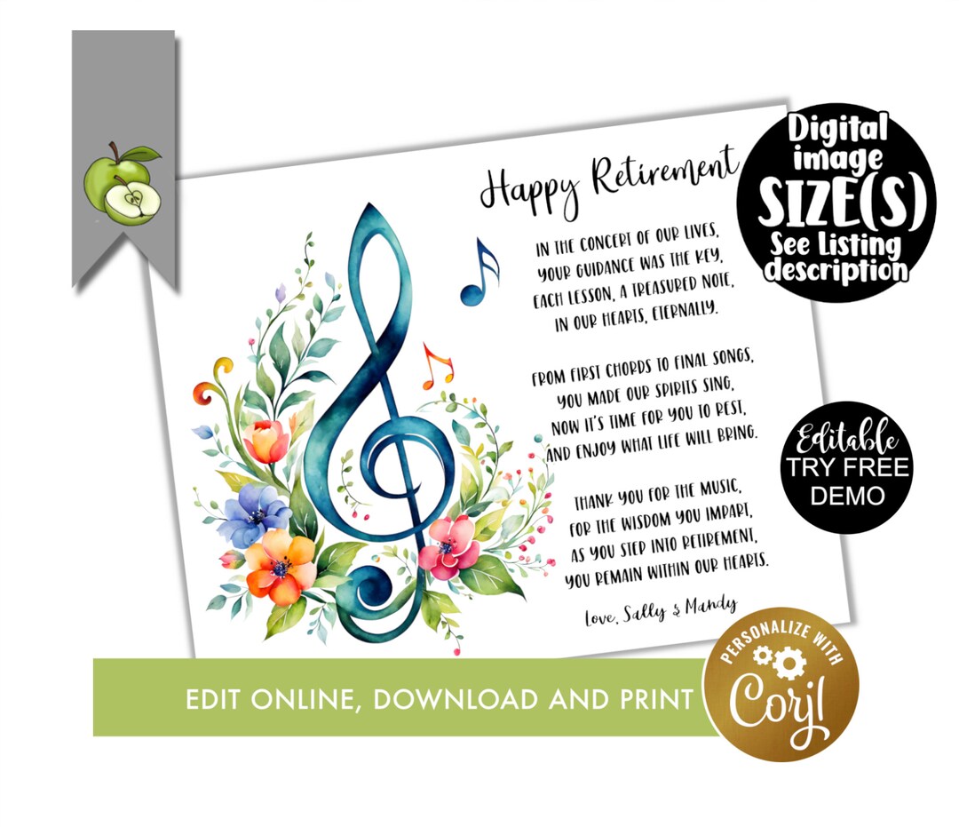 Editable Teacher Music Retirement Poem Gift, Printable Appreciation Art ...