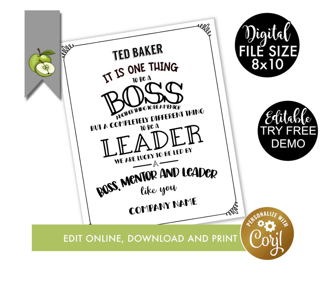 Editable BOSS DAY Gift, Personalised Typography, Boss, Wall Art ...