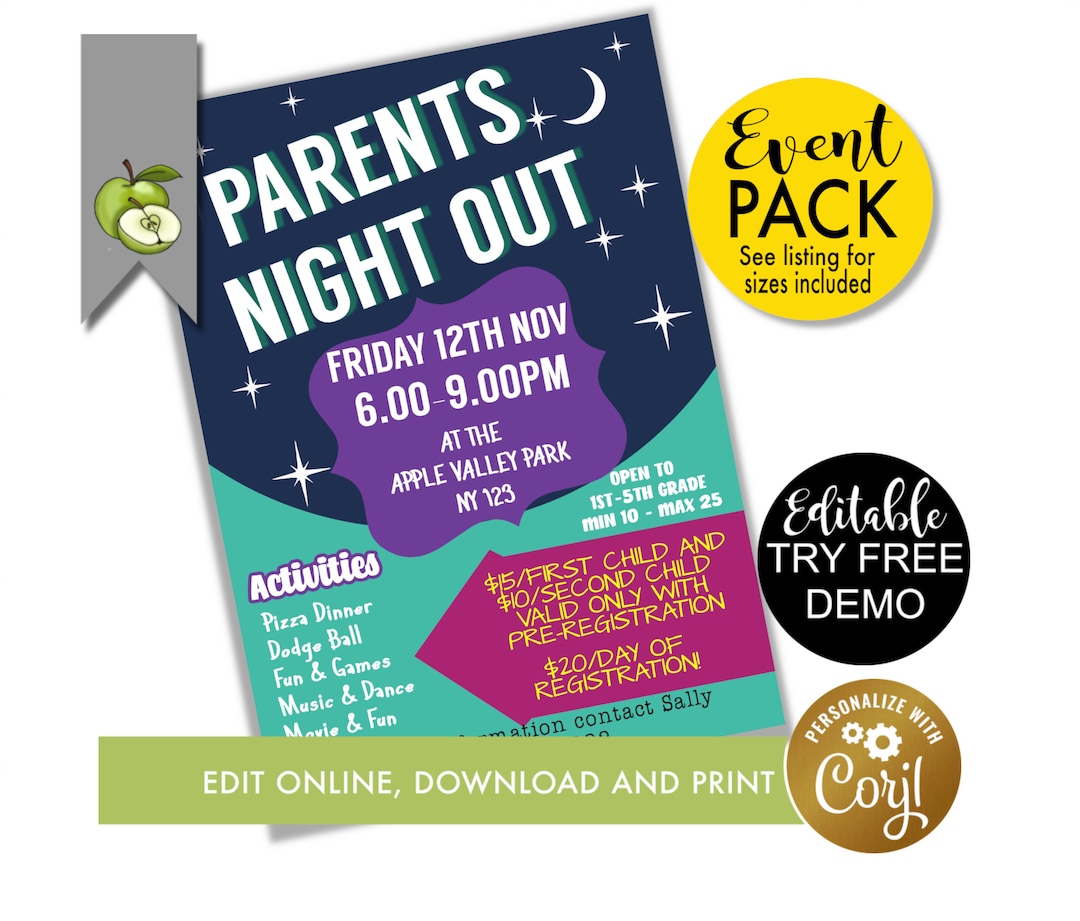 Editable Parents Night Out Poster, PTO PTA Parents Evening Template ...