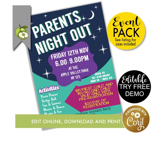 Editable Parents Night Out Poster PTO PTA Parents Evening - Etsy