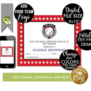 EDITABLE Baseball Award Certificates, INSTANT DOWNLOAD, Baseball Party ...