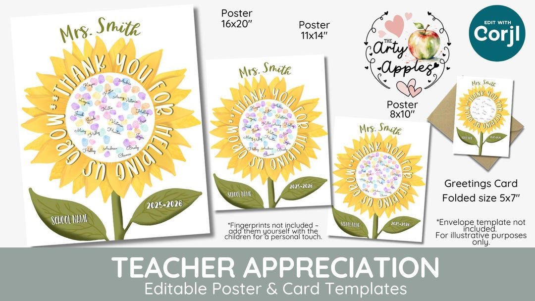 Editable Class Fingerprint Teacher Appreciation Sunflower, Custom ...