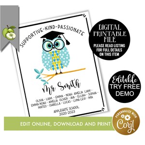 Editable Teacher Appreciation Owl Gift, Best Teacher, Personalized ...