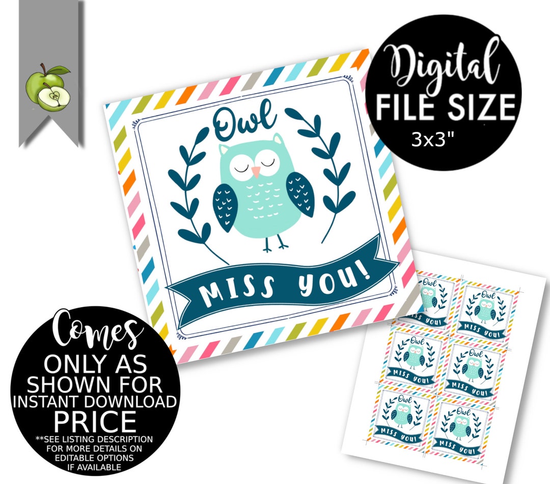 Teacher Owl Miss You Printable Gift Tag, Teacher Appreciation, Staff ...