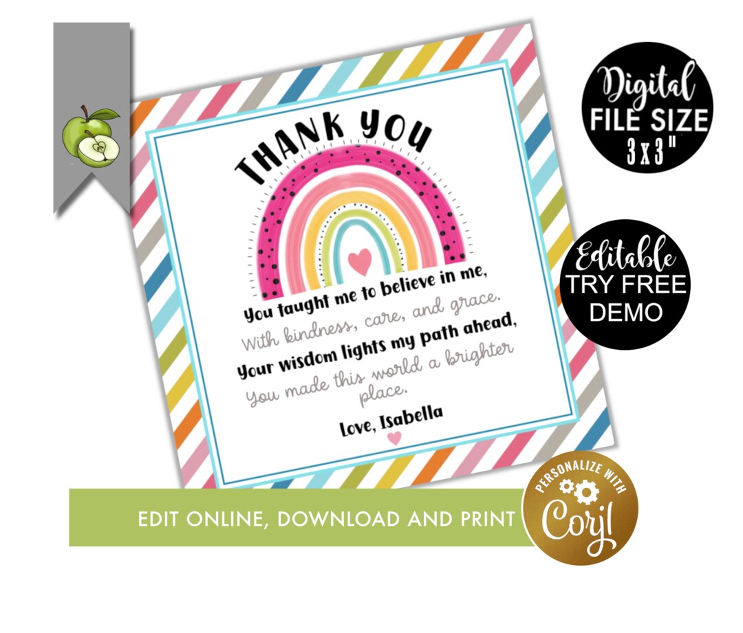 Editable Thank You Printable Gift Tag, Teacher Appreciation, Rainbow ...