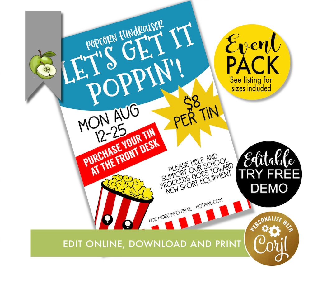 Editable Popcorn Event, Printable PTA PTO Flyer, Popcorn Fundraiser ...