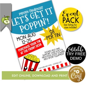 Editable Popcorn Event, Printable PTA PTO Flyer, Popcorn Fundraiser ...