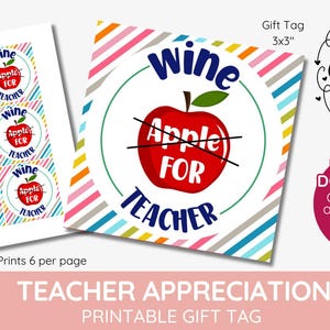Teacher Wine Gift Tag, Wine for Teacher, Apple for Teacher Gift, End of ...