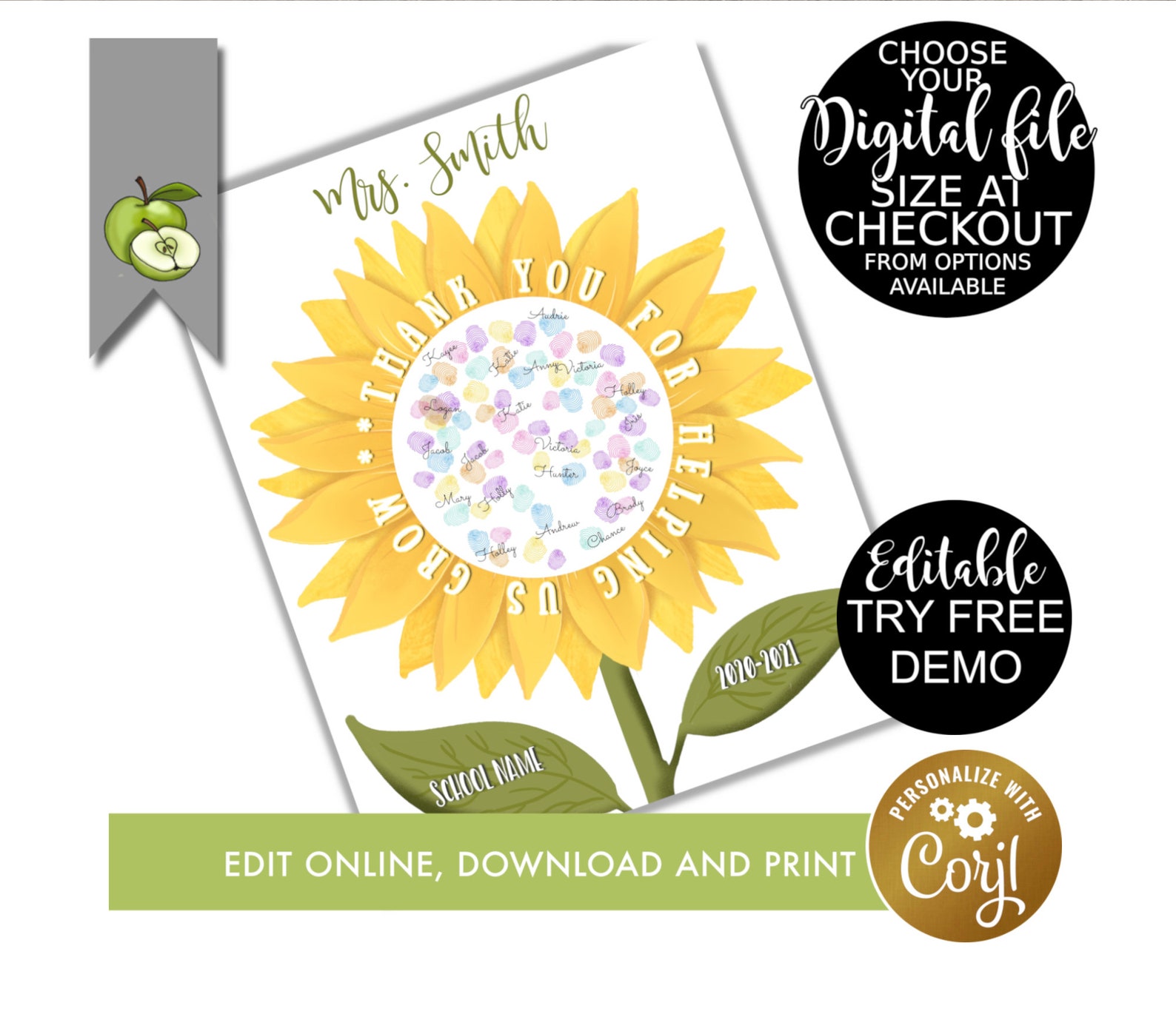 Editable Class Fingerprint Teacher Appreciation Sunflower - Etsy