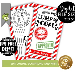 Lump of Coal North Pole Delivery Tags, Editable Printable Label, Santa ...