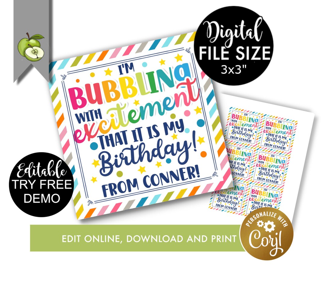 Editable Bubbling With Excitement Party Favor Printable Gift - Etsy
