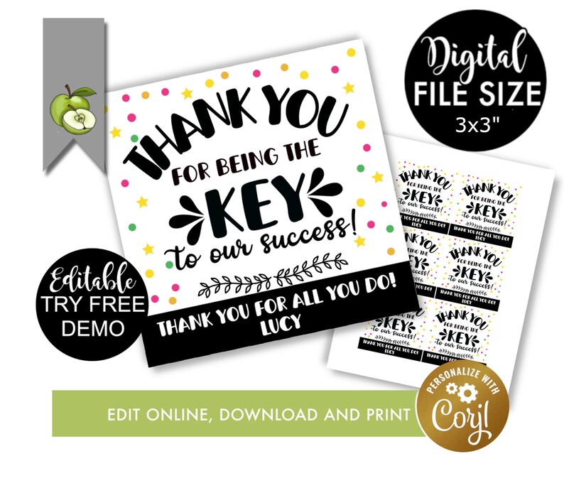 Editable Key to Our Success,employee Gift Tags, Keyring Keychain Tag ...