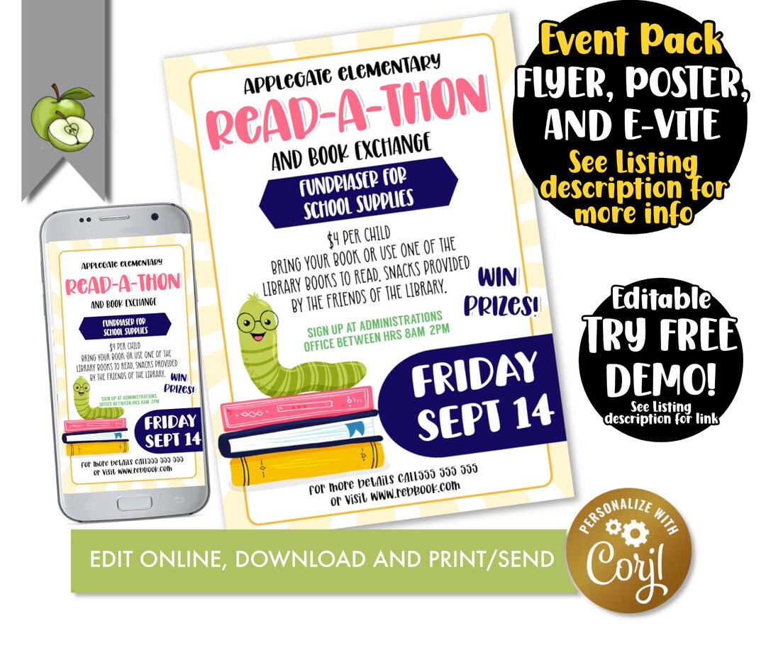 Editable Read-a-thon Template, PTO PTA Event Poster Template, Book Sale ...
