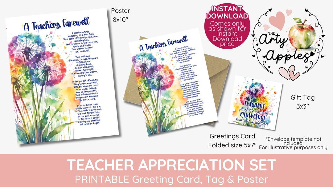 Teacher Retirement Gift Dandelion Printable, Poem Wall Art, Card and ...