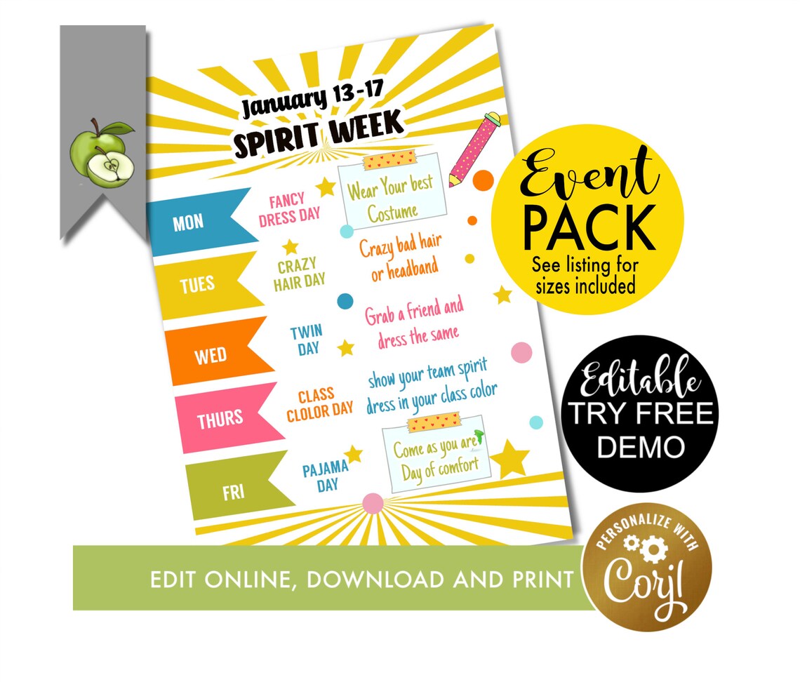 Editable School Spirit Week Schedule Template Spring Spirit | Etsy
