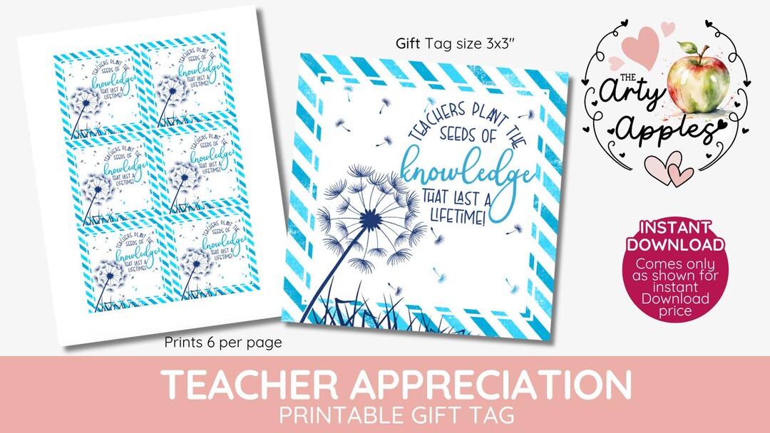 Dandelion Gift Tag for Teacher Appreciation, Plant Seeds of Knowledge ...