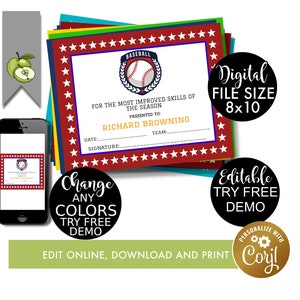 EDITABLE Baseball Award Certificates, INSTANT DOWNLOAD, Baseball Party ...