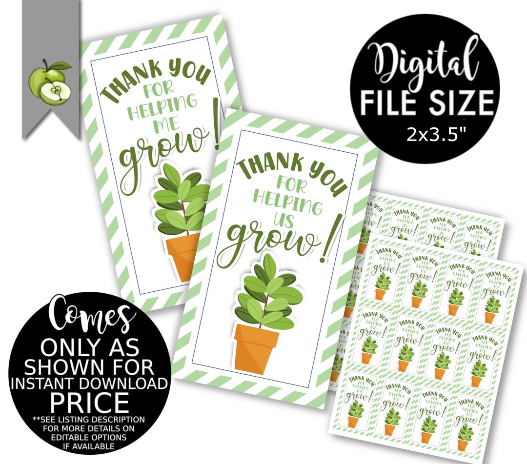 Teacher Flower Gift Tags, Thank You for Helping Me Grow, Printable Gift ...